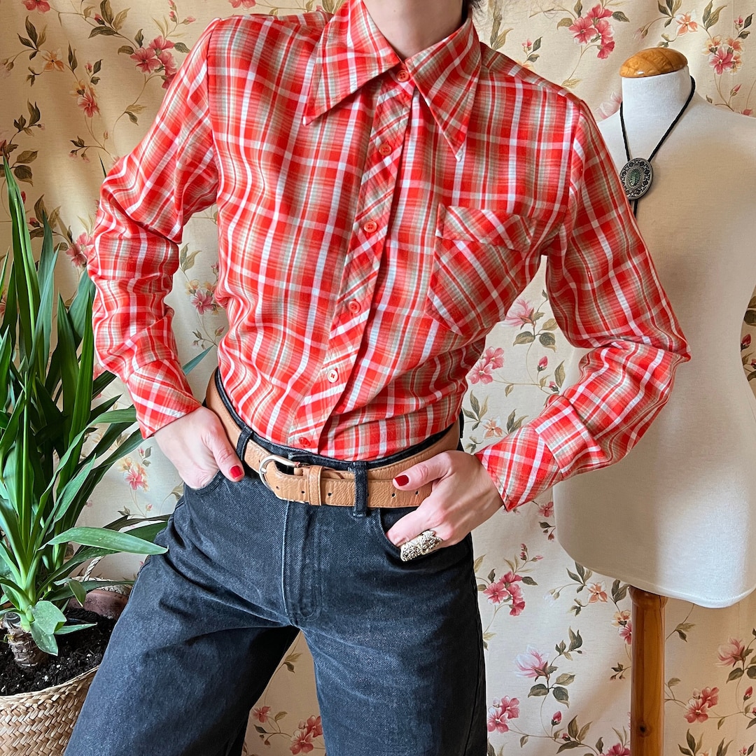 Vintage 70s Rodeo Style Shirt Dagger Collar Shiny Western Gold Orange ...