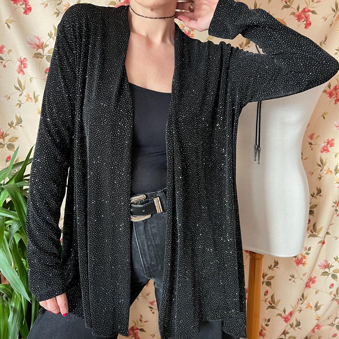 Vintage Black Glitter Duster 80s M L, Sparkly Metallic Evening Jacket ...