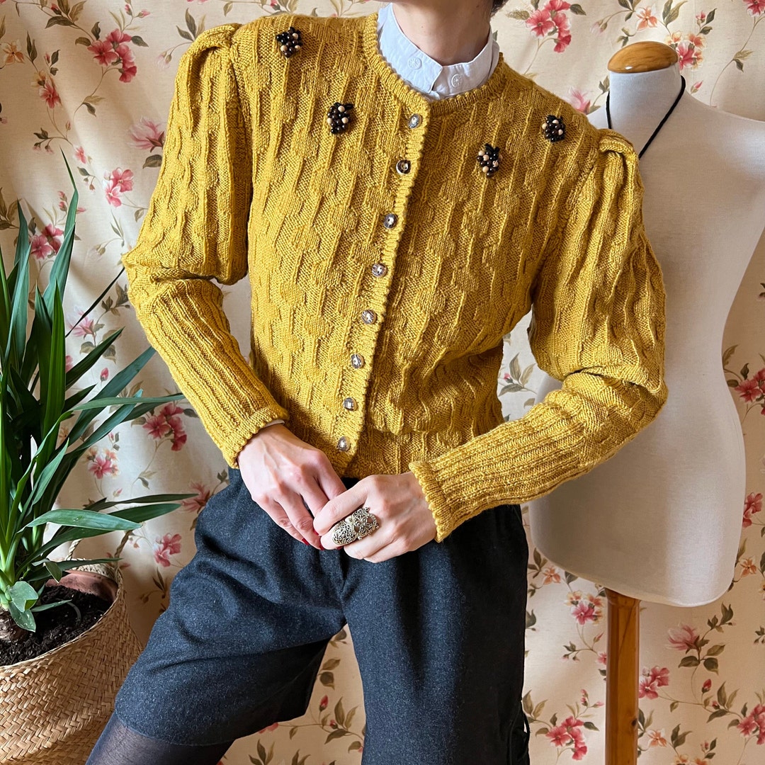 Vintage Wool Cardigan Mustard 80s S, Mutton Victorian Austrian Alpine ...
