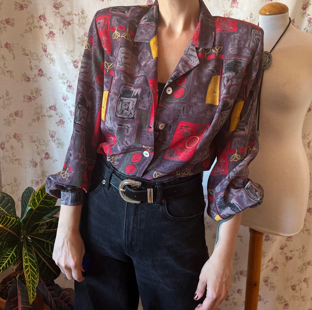 Vintage Funky Shirt 80s Artsy Patchwork Button Down Elegant Colour ...