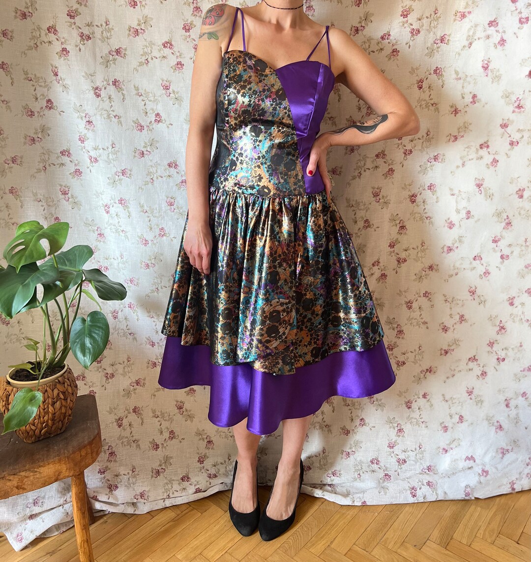 Vintage Party Dress Prom 80s S, Metallic Cocktail Evening Glam Satin ...