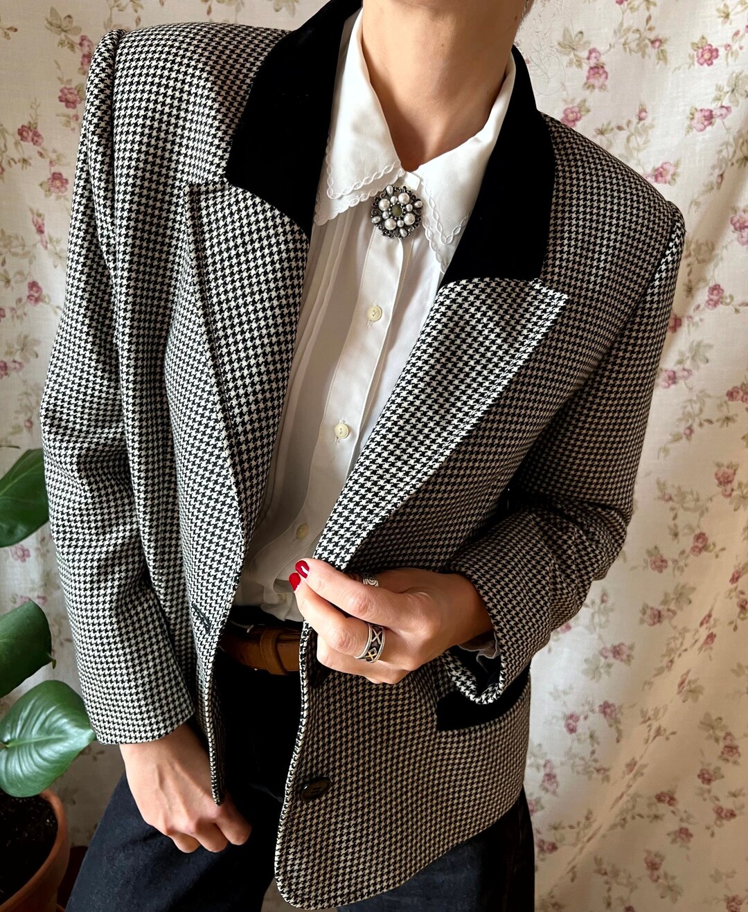 Vintage Wool Jacket 80s L, Office Blazer Velvet Dogtooth Checks Elegant ...
