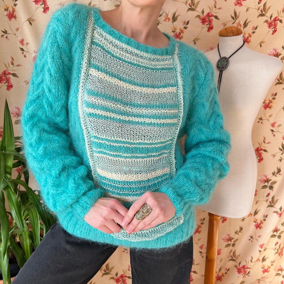 Vintage Turquoise Wool Sweater Handmade 80s 90s M, Hairy Evening Top ...