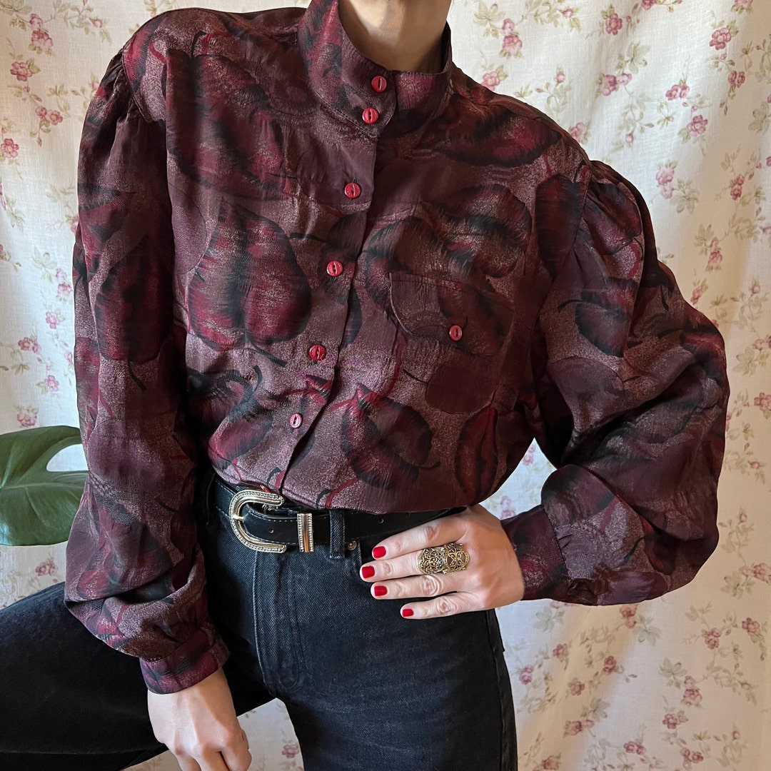 Vintage Maximalist Shirt Baroque Glam Burgundy 80s Plus Elegant Leaf ...