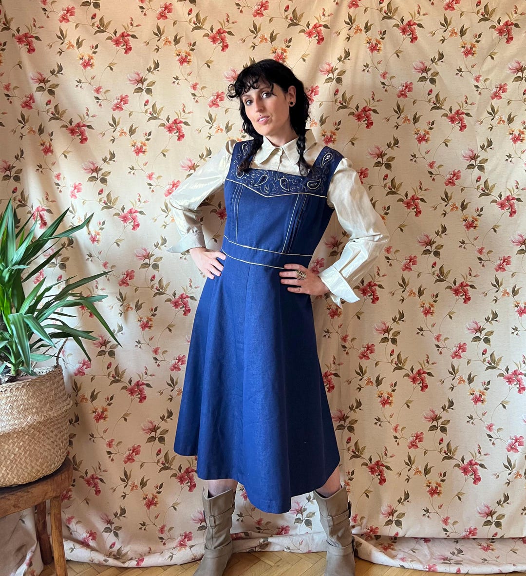 Vintage 60s Denim Pinafore Dress Gold Embroidery XL, 70s Rodeo Midi ...