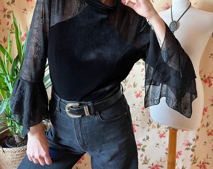 Vintage Velvet Goth Top Glitter Bell Sleeve 90s Party Vampire Glam ...