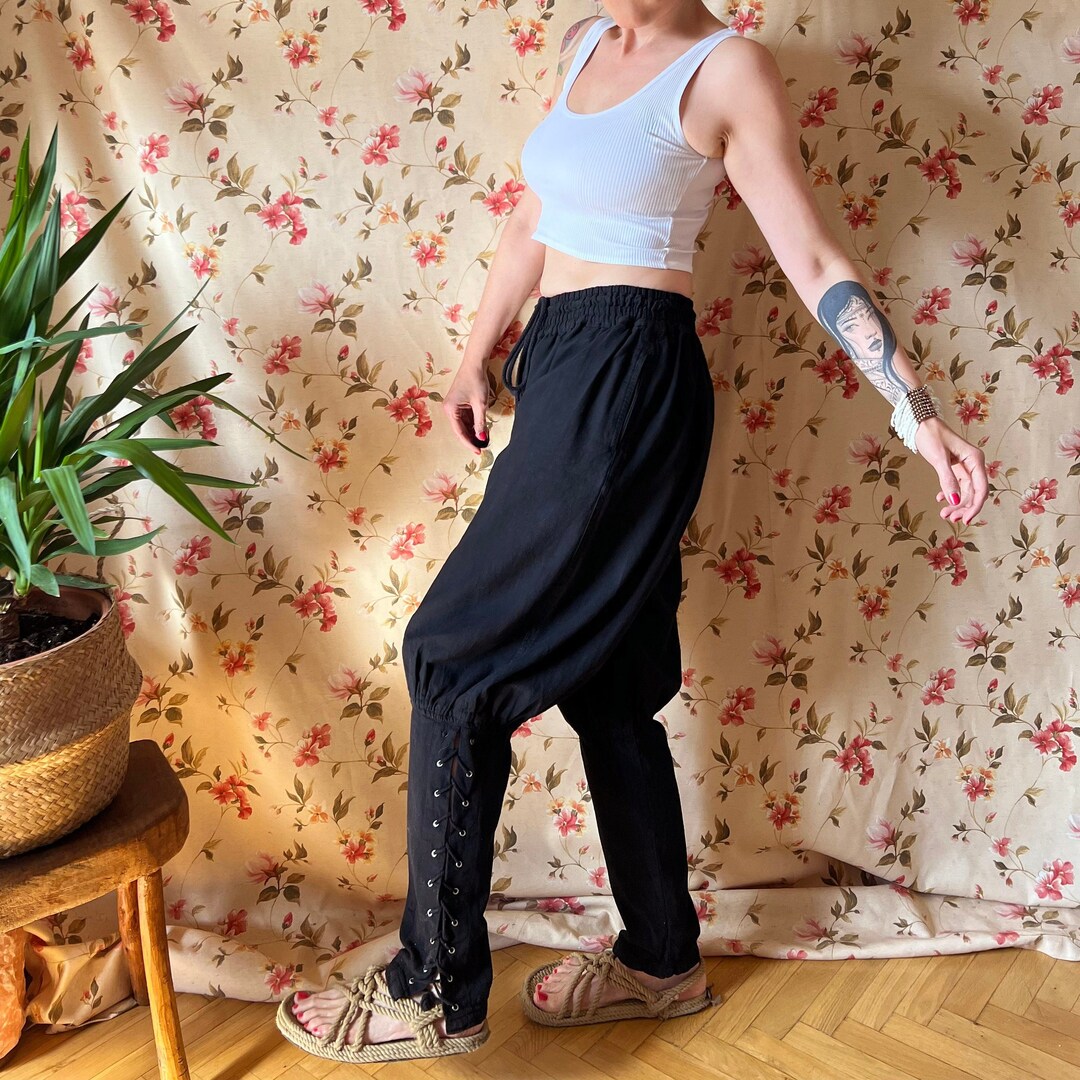 Vintage Harem Drawstrings Pants 90s Ruching Leg Tie, Bohemian Ethnic ...