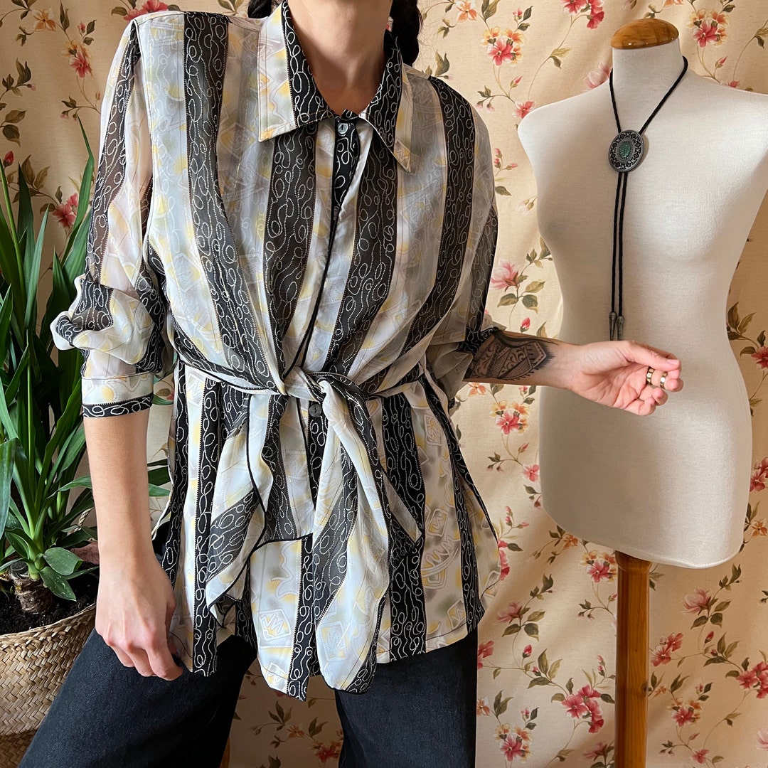 Vintage Glam Shirt Disco Japanese Style Sheer Panel Top Party Maximalist Rock Evening Gold ...