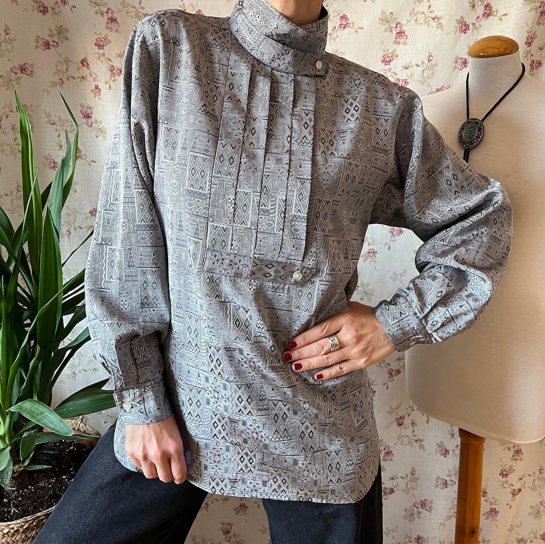 Vintage Japanese Style Funky Blouse 90s M, Metallic Top Folk Glam ...