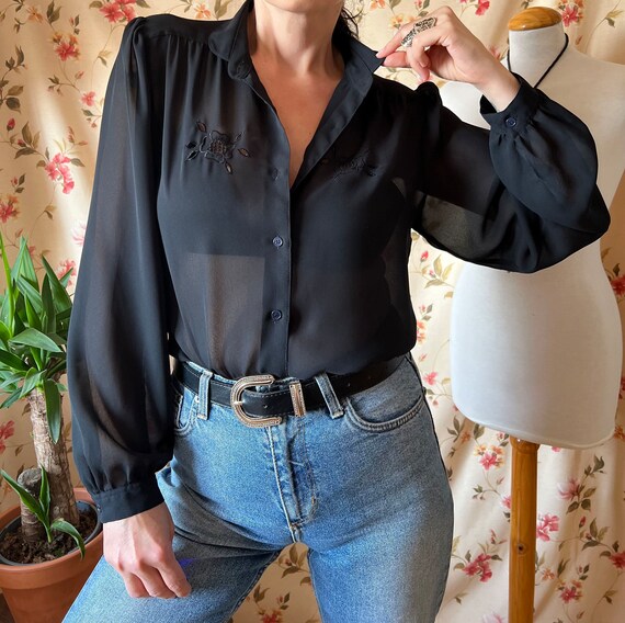 Vintage embroidered sheer shirt 80s dark academia M, … - Gem