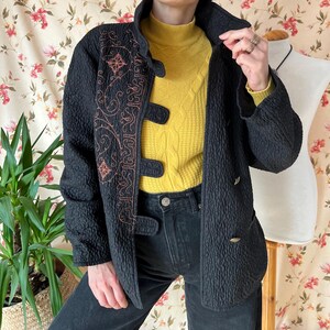 Vintage Elegant Embroidered Puffer Jacket 90s XL, Black Buttoned Bomber ...