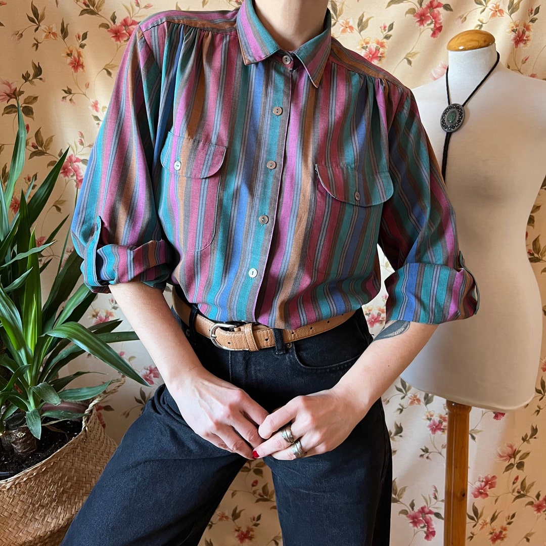 Vintage Colourful Shirt 80s Gibson Girl Plus Size Retro Academia Office ...