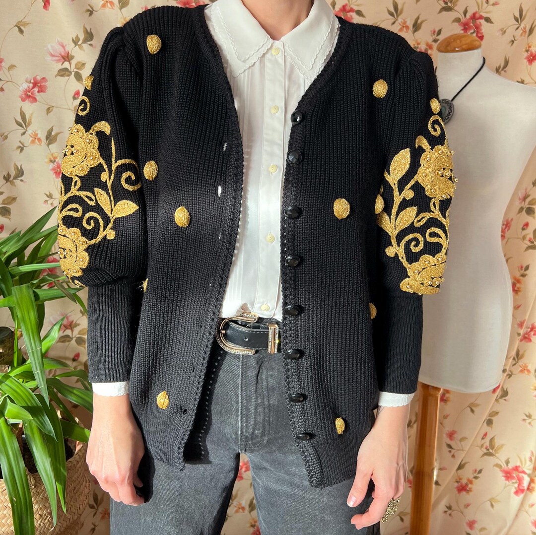 Vintage Baroque Cardigan 80s XL 3D Gold Floral Embroider Mutton Wool ...