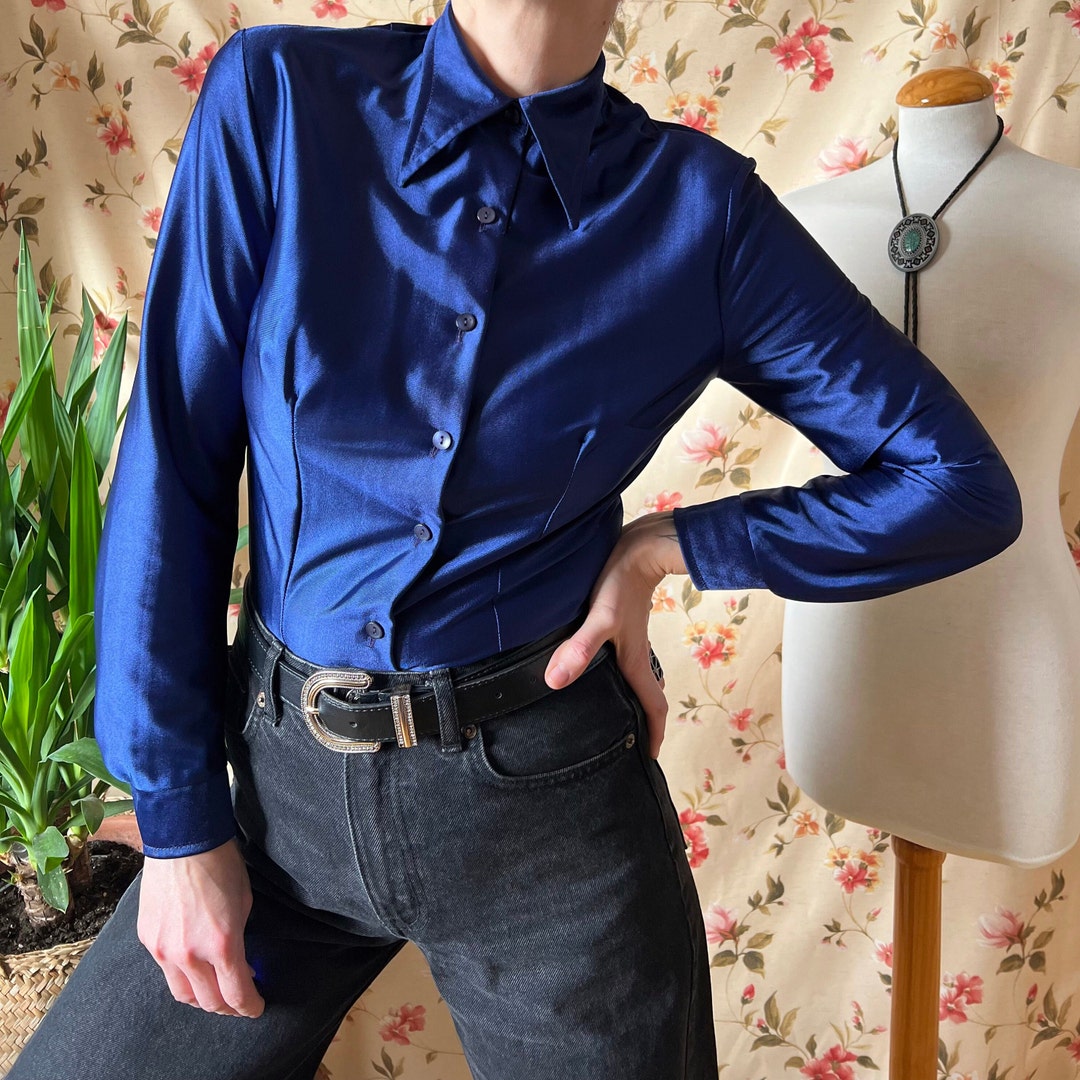 Vintage 70s Glam Rock Dagger Collar Shirt, 60s Button up Disco Metallic ...