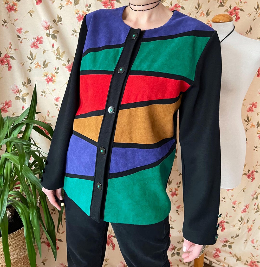 Vintage Funky Color Block Blazer L 90s, Faux Suede Disco 80s Wool Party ...