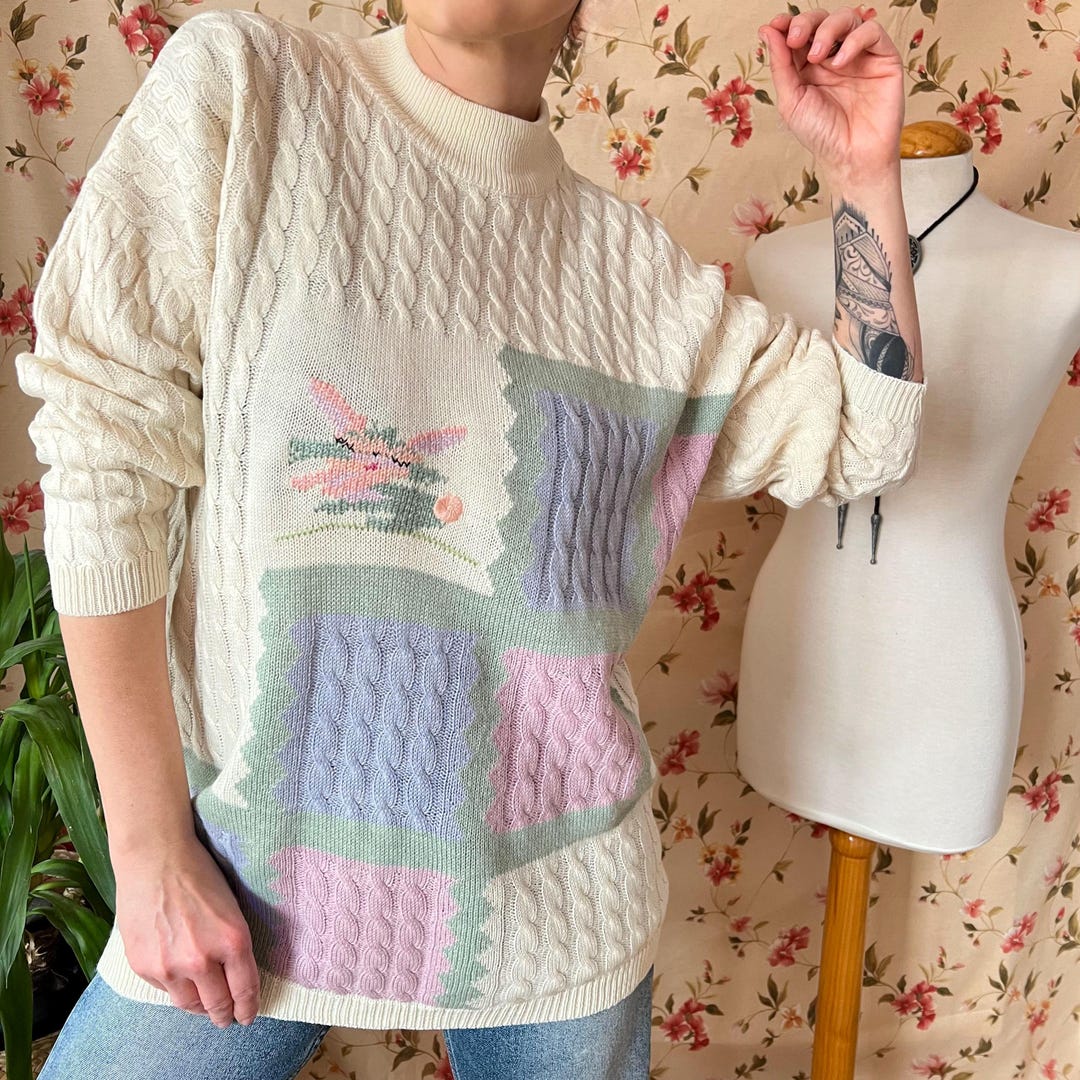 Vintage Pastels Cable Knit Sweater 90s L, Wool Rabbit Embroidery ...