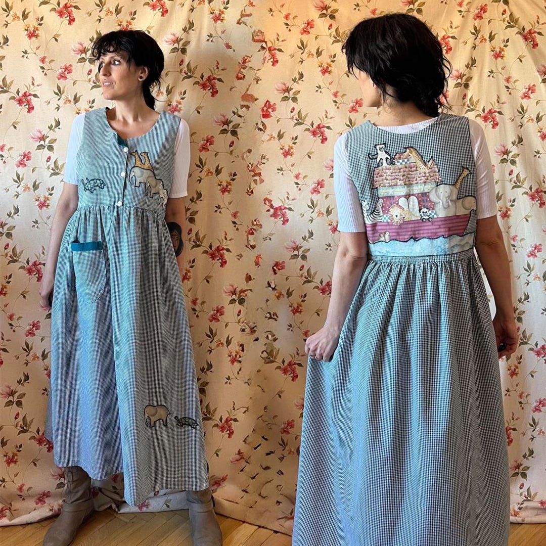 Vintage Pinafore Dress L Animal Patchwork Gingham 90s, Babydoll Midi ...