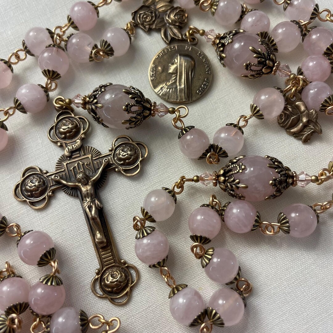 Rose Quartz Rosary: Solid Bronze Roses Crucifix, St. Therese Medal - Etsy