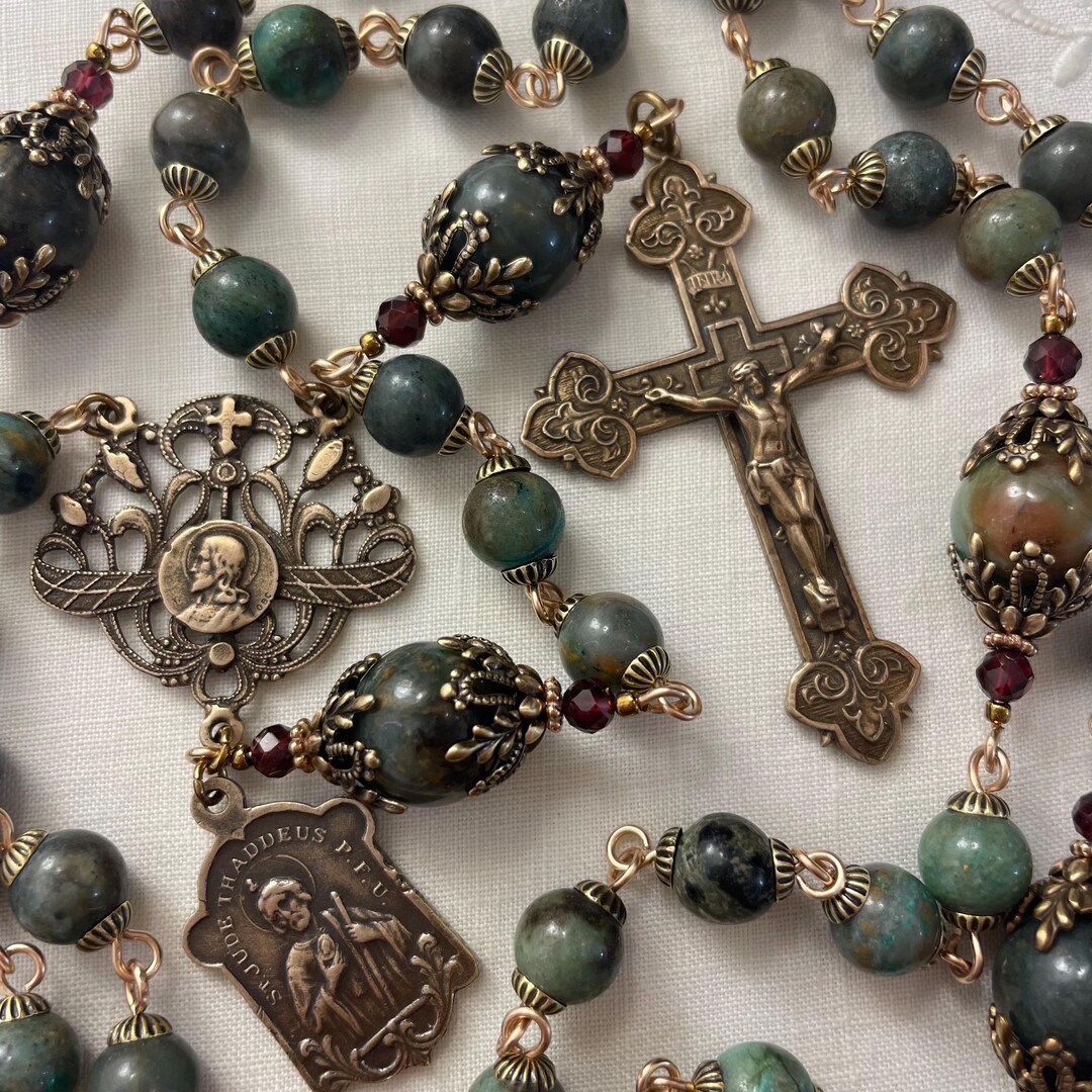 Beautiful St. Jude Rosary African Jade Bronze Crucifix Centerpiece ...