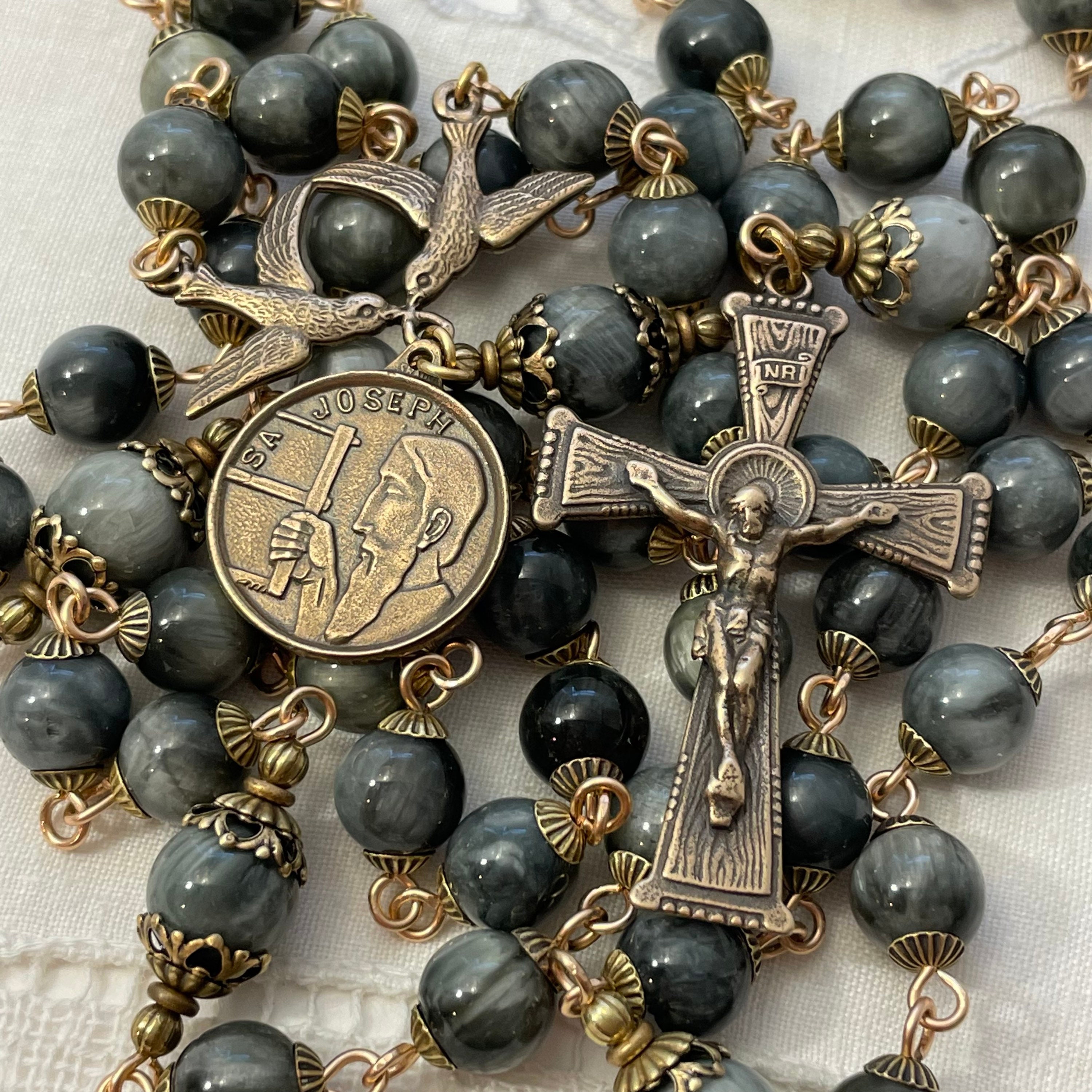 Beautiful Rosary St. Joseph Solid Bronze Crucifix Gray Hawk's Eye Beads ...