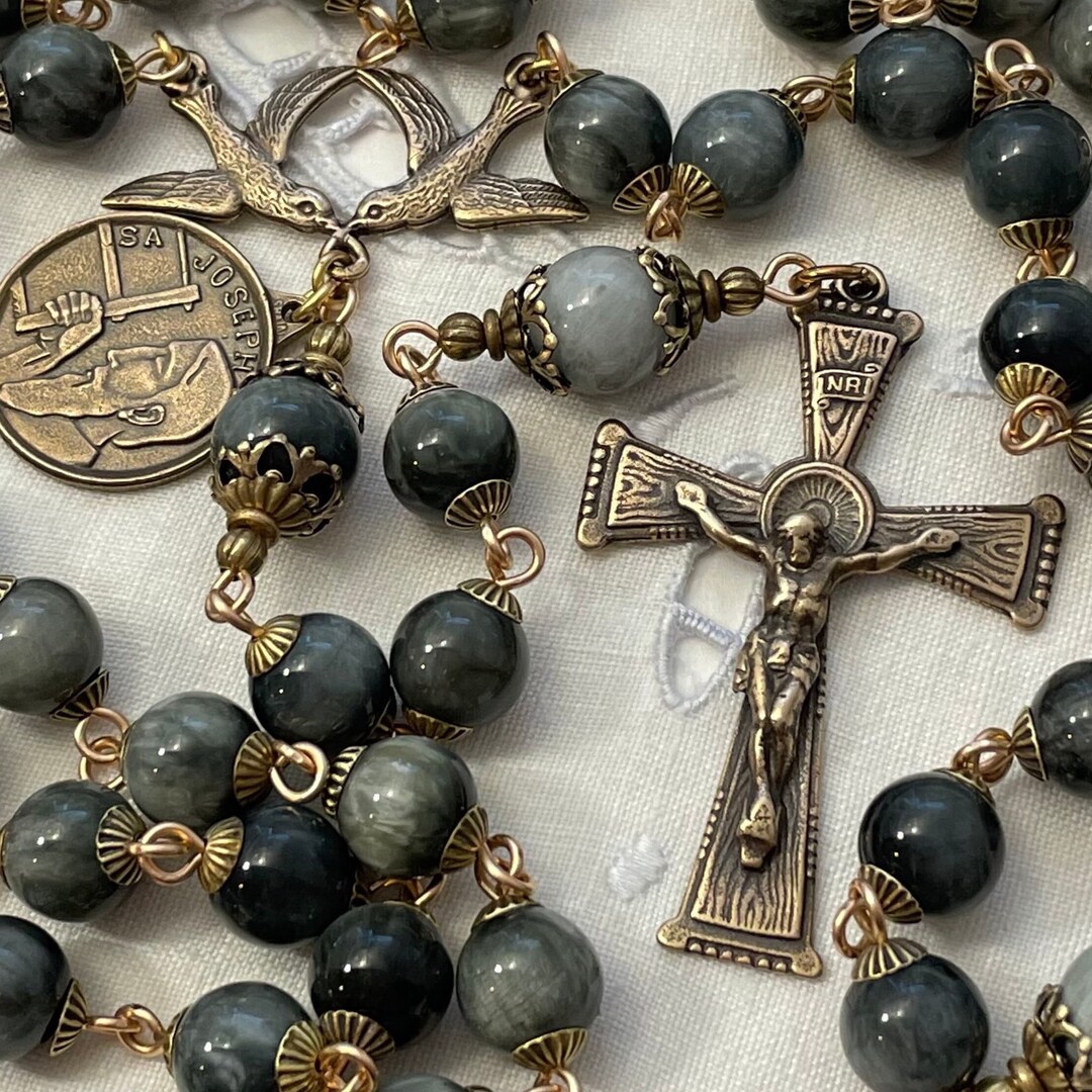 Beautiful Rosary St. Joseph Solid Bronze Crucifix Gray Hawk's Eye Beads ...