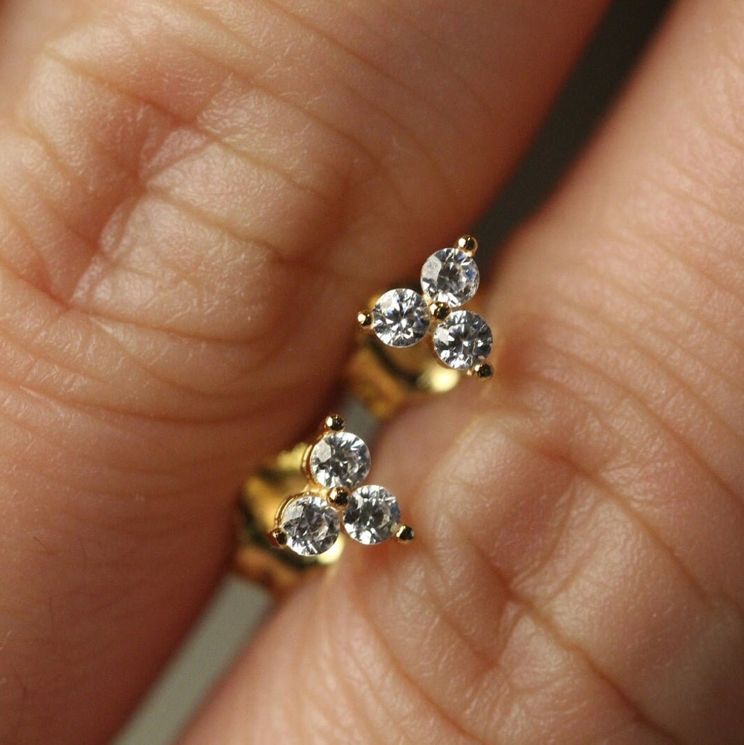 Trio Diamond Stud Earrings / 14k Solid Gold Three Stone Earrings ...