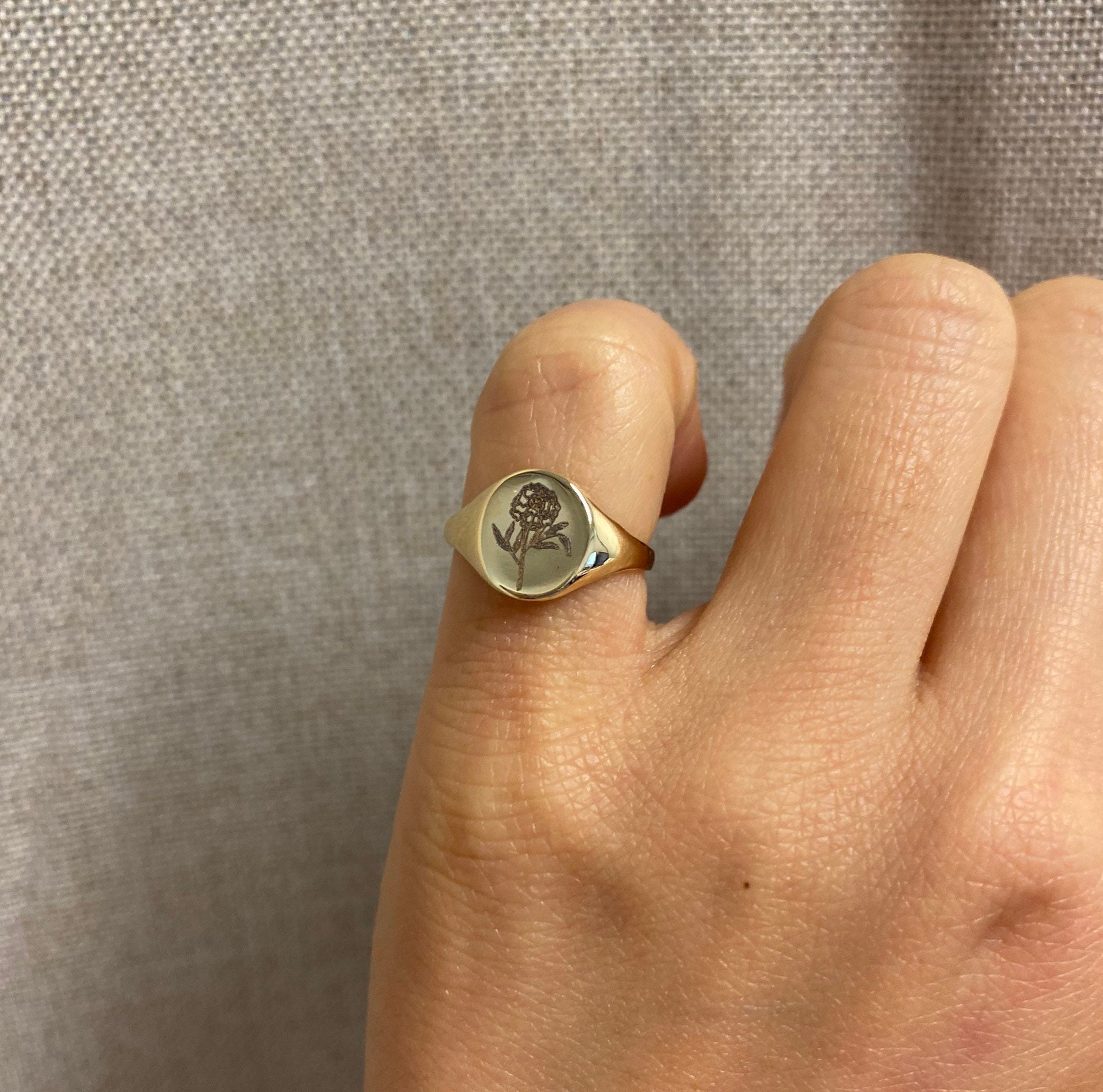 Flower Signet Ring, 14k Signet Ring, Birthday Flower Ring ...