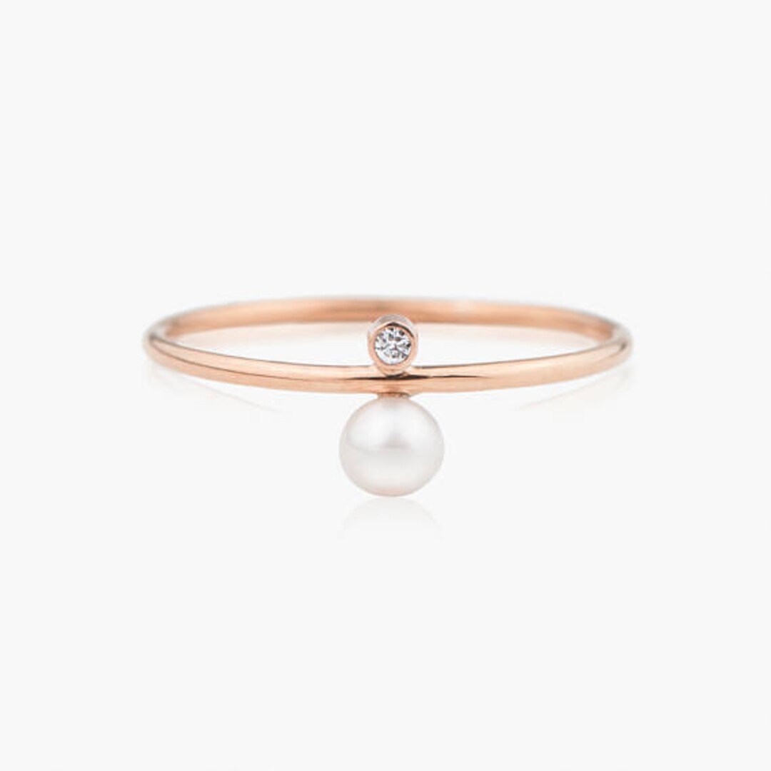 Simple Pearl & Diamond Ring / 14k Solid Gold Ring / Everyday Wearable ...