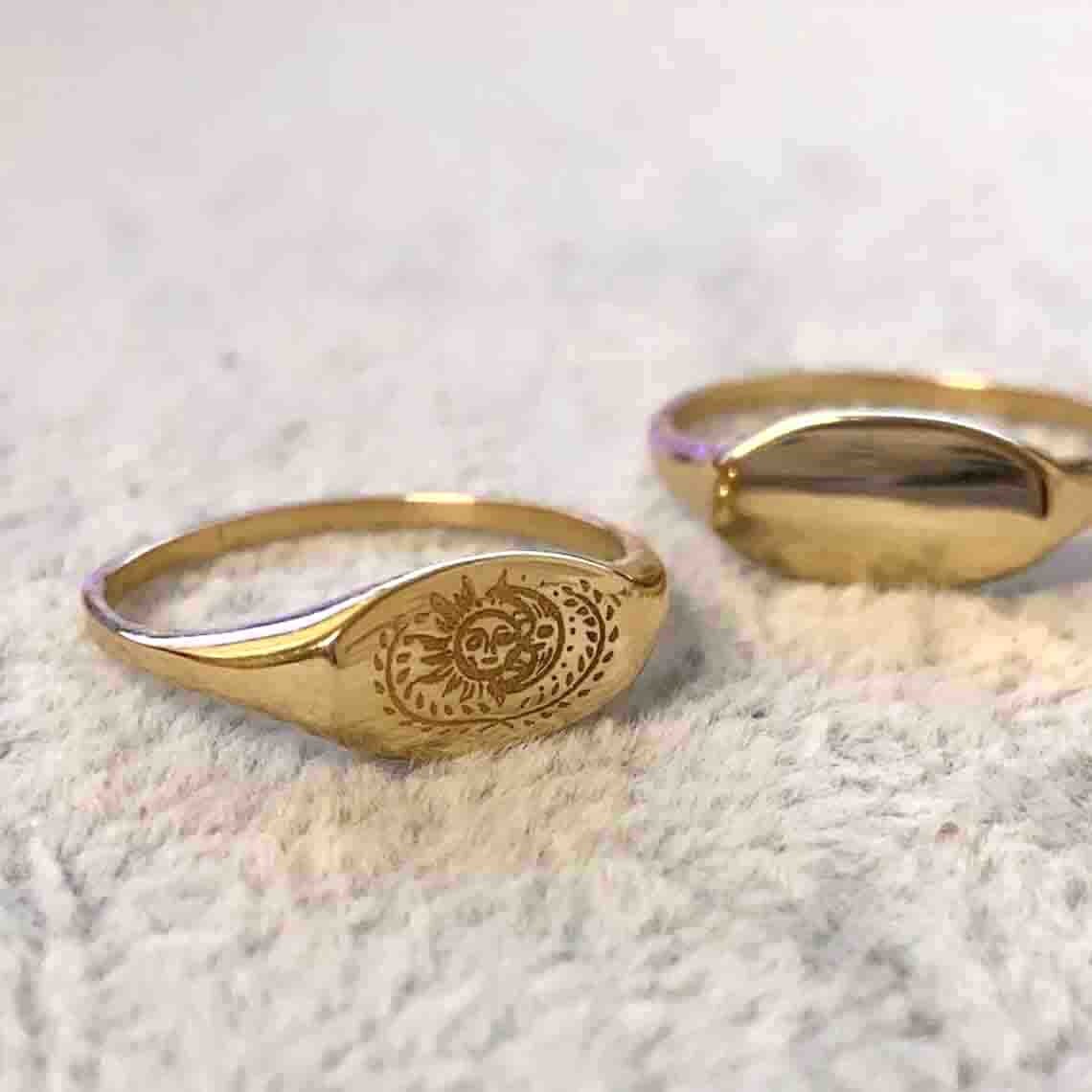 Sun and Moon Engraving Ring 10k 14k 18k Solid Gold Any - Etsy