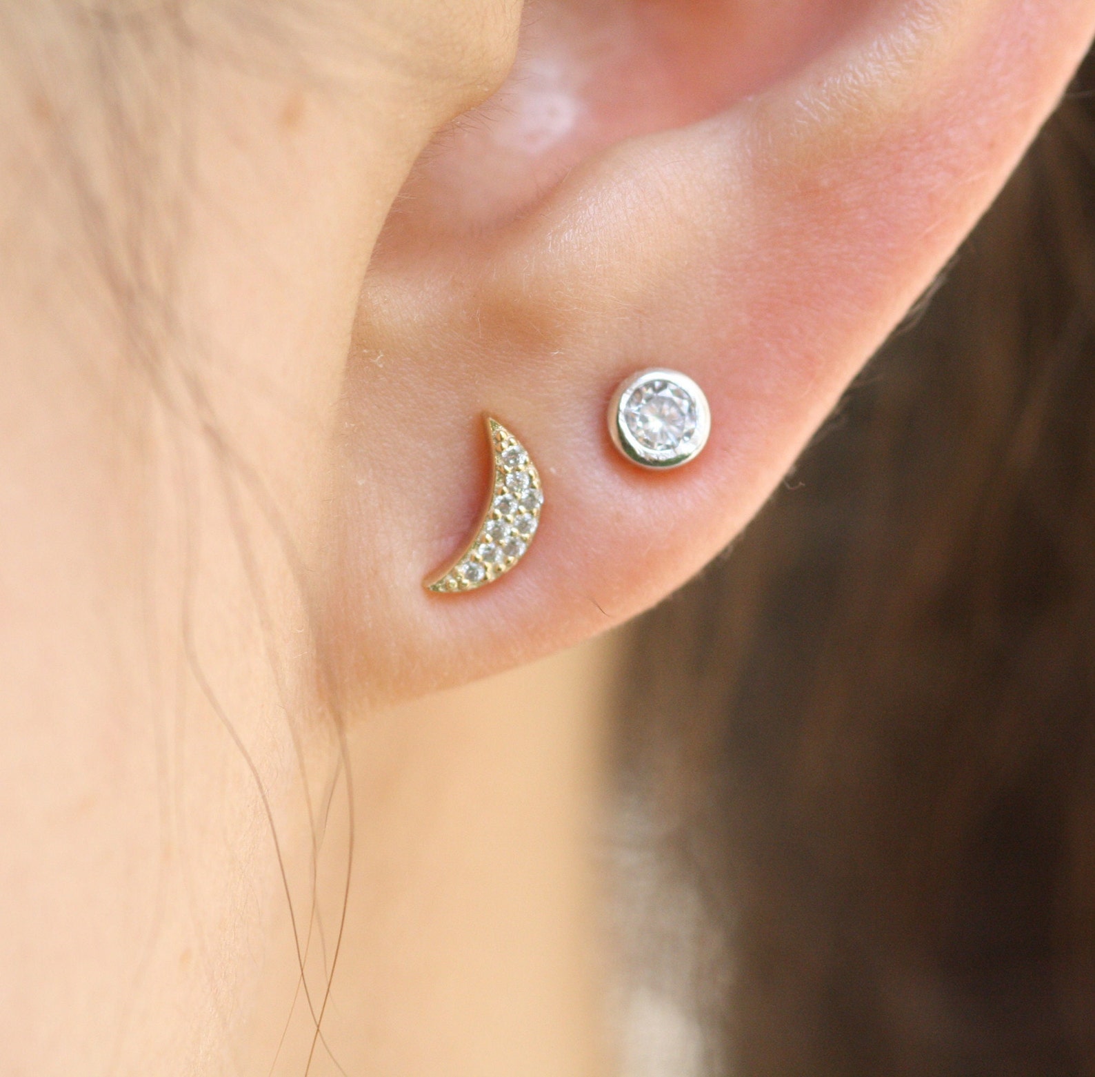 14k Moon Earrings / Threaded Flat Back / Piercing / 14k Piercing ...