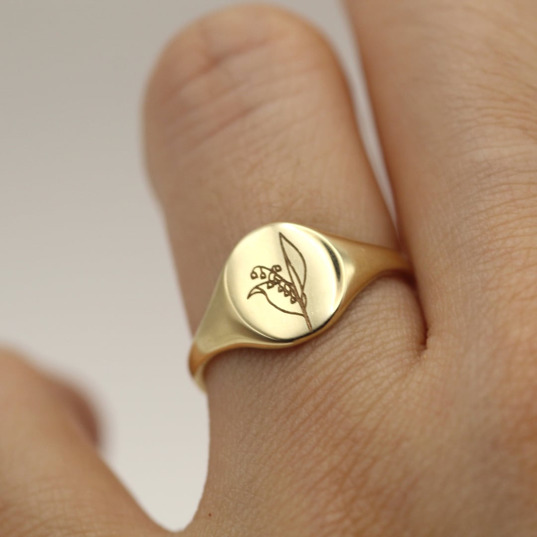 Flower Signet Ring, 14k Signet Ring, Birthday Flower Ring ...