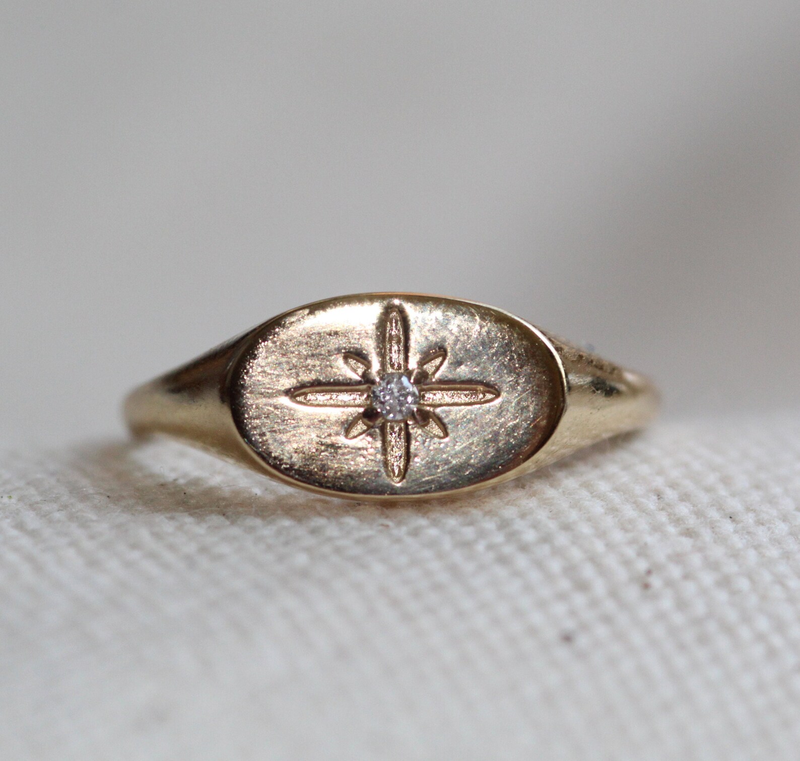 14k Signet Ring, Diamond Polaris Signet Ring, Minimalist Gold Signet ...