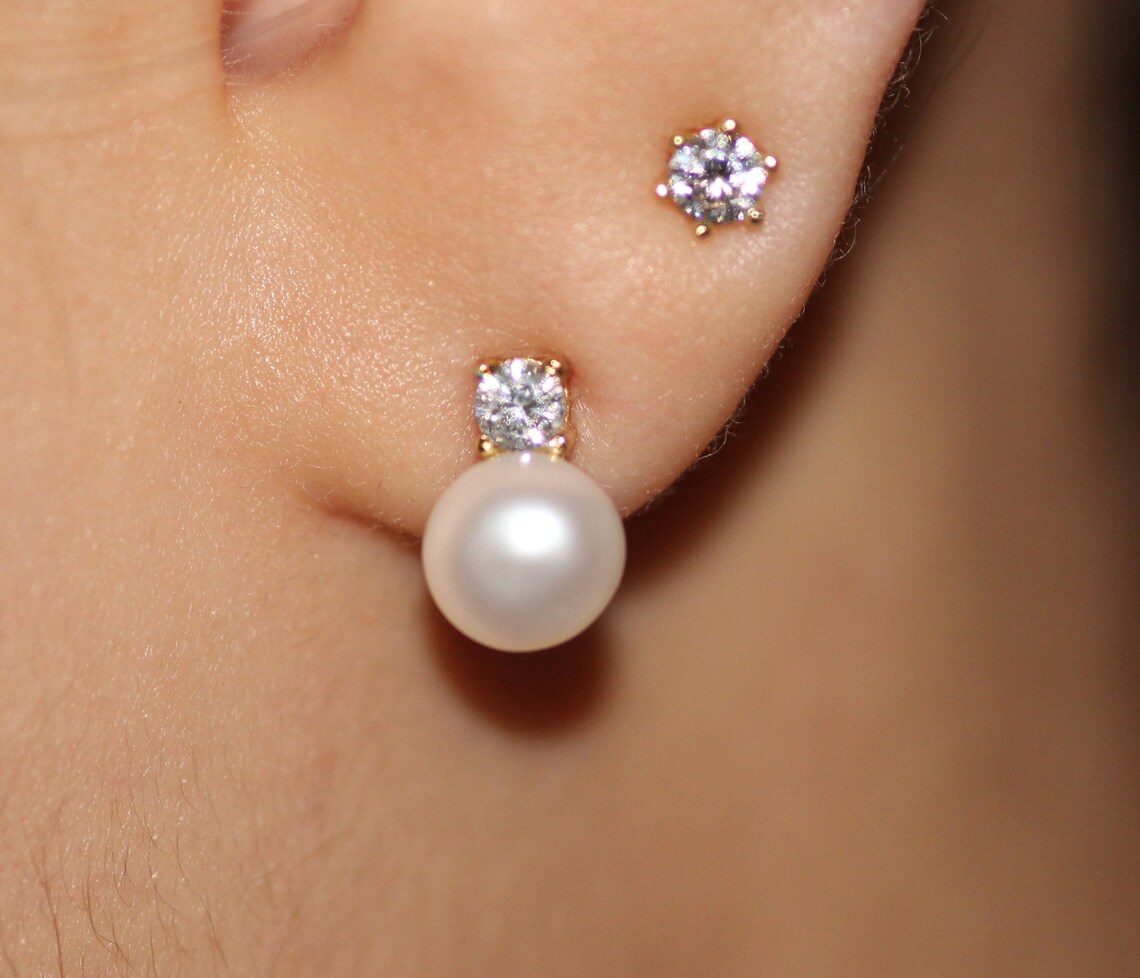Real Pearl Earrings / Diamond Pearl Earrings / Pearl Stud - Etsy