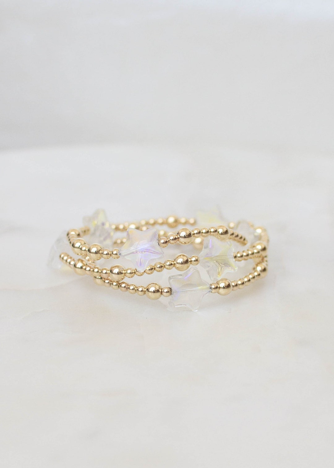 Pixi 14k Gold Filled Beaded Stretch Bracelet for Her Iridescent Glass ...