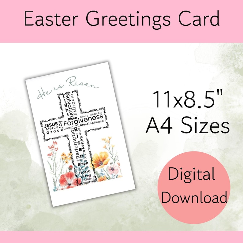He is Risen Word Art Cross Easter Card Christian Printable Card Resurrection Sunday Scripture ...