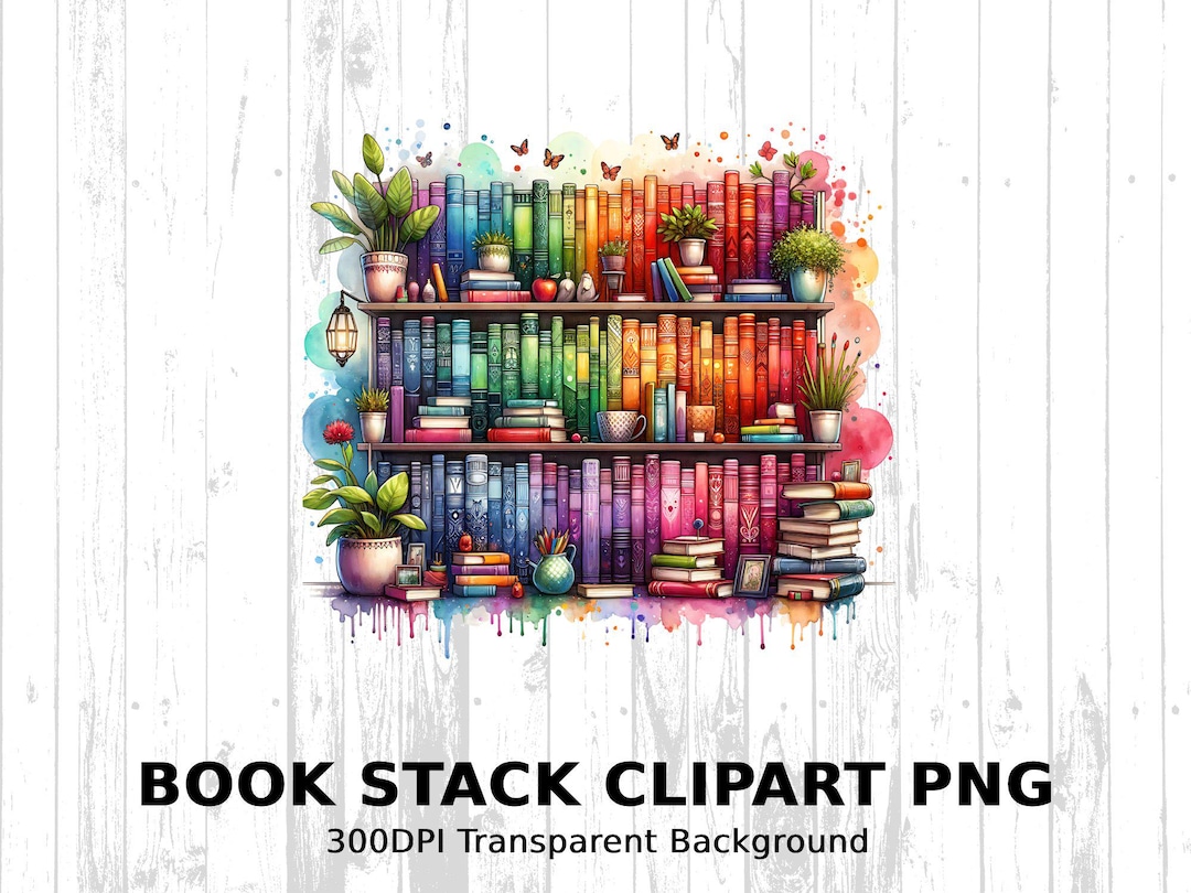 Book Stack Clipart PNG Bookshelf Digital Download Watercolor Bookcase ...