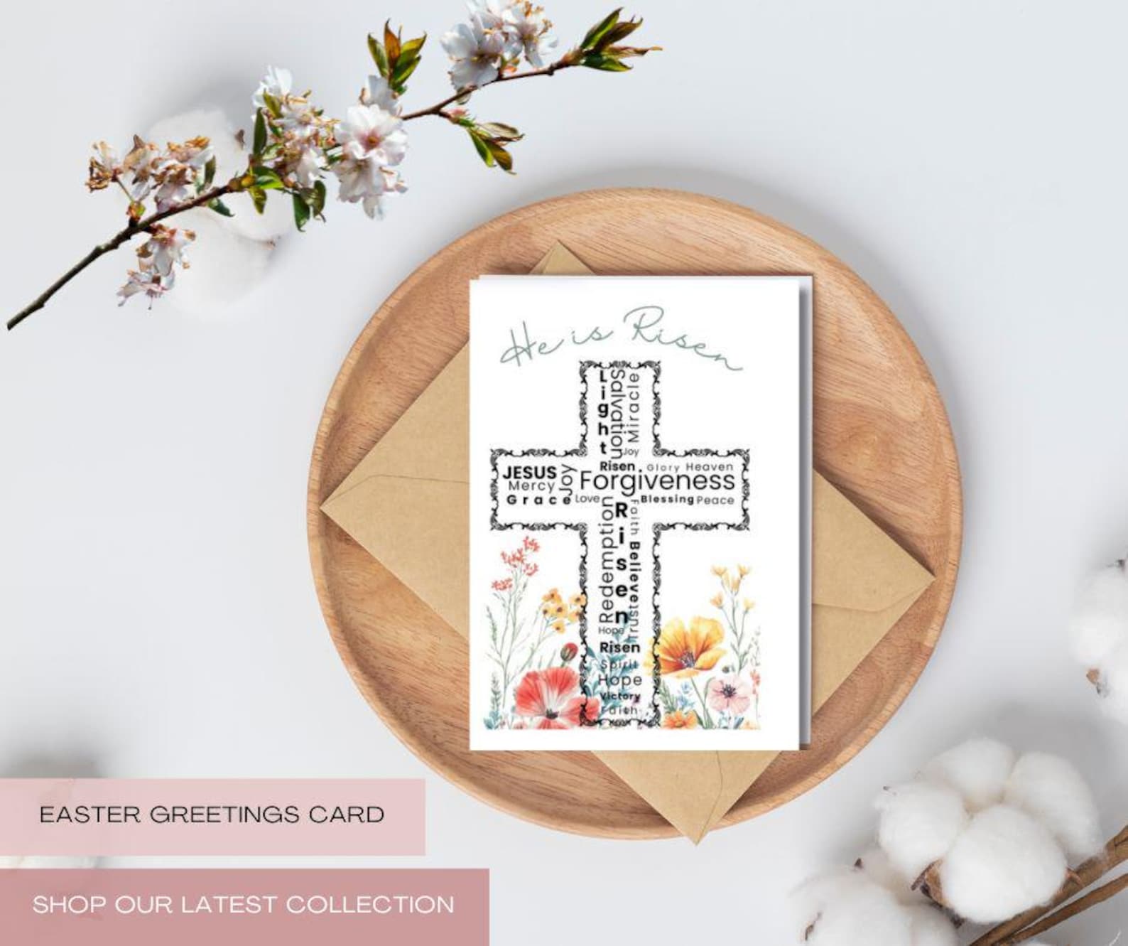 He is Risen Word Art Cross Easter Card Christian Printable Card ...