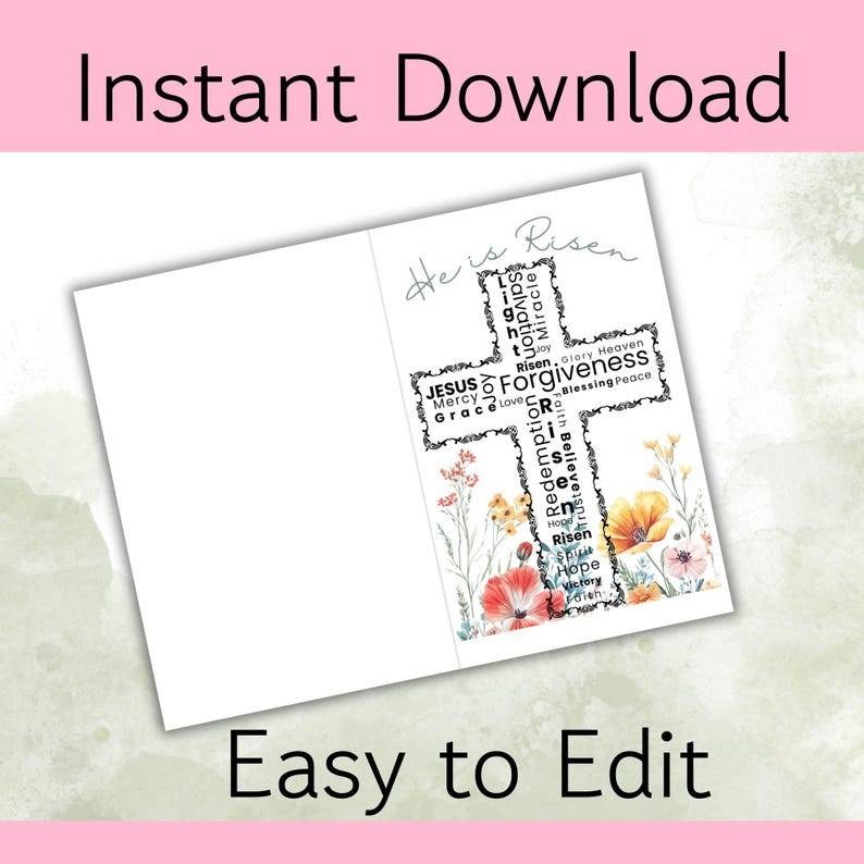 He is Risen Word Art Cross Easter Card Christian Printable Card Resurrection Sunday Scripture ...
