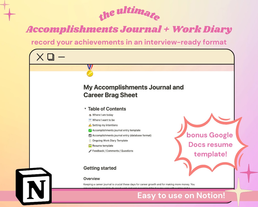 Accomplishments Journal and Work Diary Notion Template | Brag Sheet ...