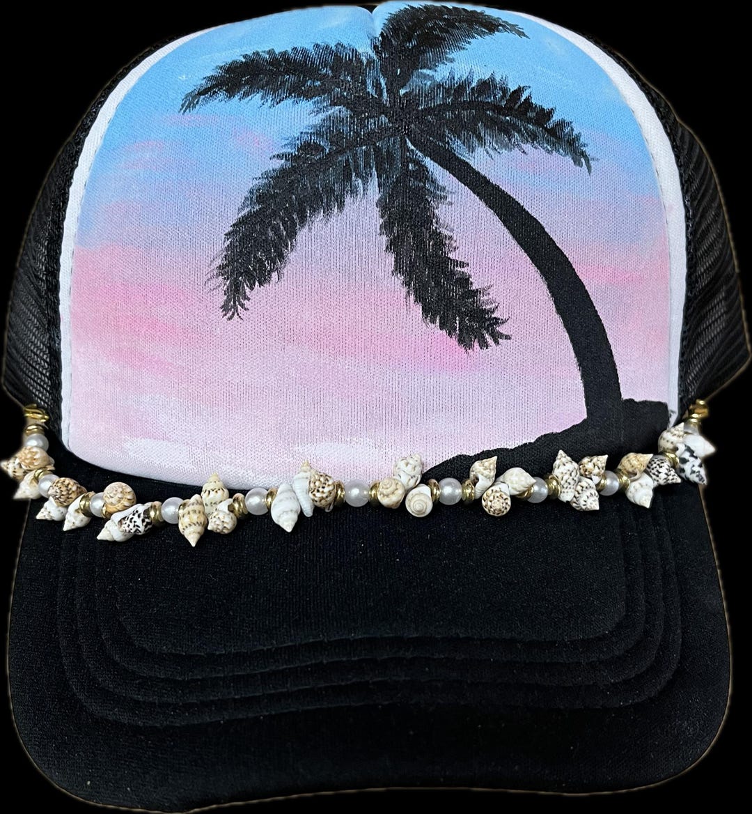Hand Painted Palm Tree Trucker Hat With Shell Hat Chain - Etsy