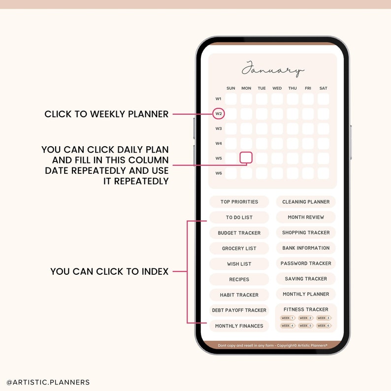 Undated Digital Phone Pocket Planner Hyperlinks Mobile Planner ...