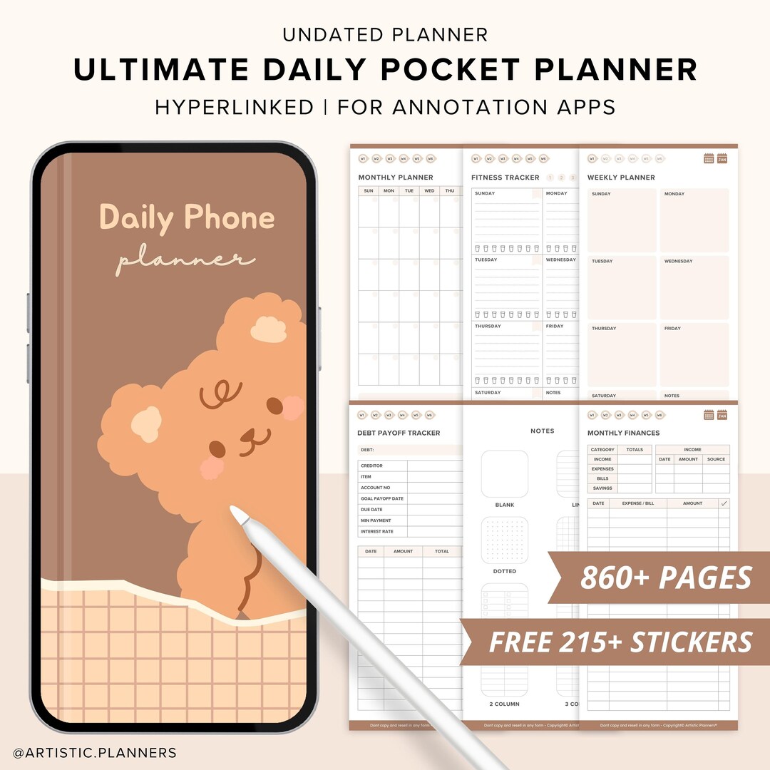 Undated Digital Phone Pocket Planner Hyperlinks Mobile Planner ...