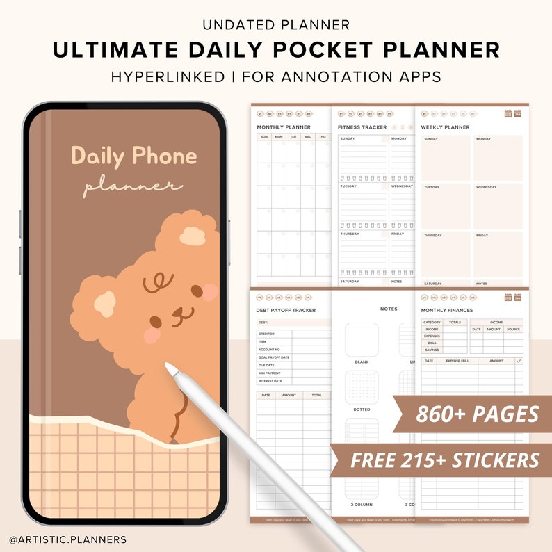 Undated Digital Phone Pocket Planner Hyperlinks Mobile Planner ...