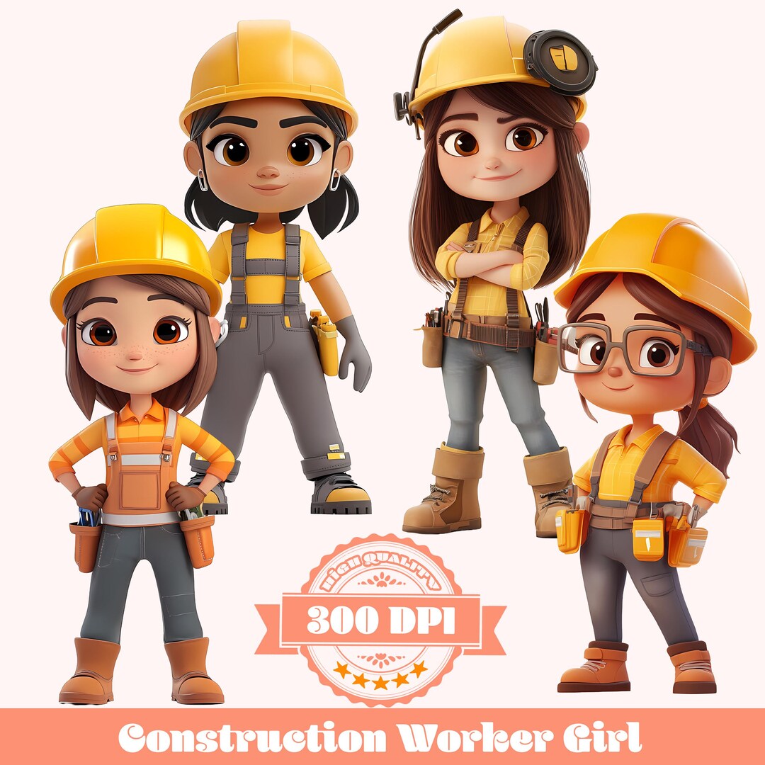 Construction Worker Girl Clipart: 4 PNG Bundle (digital Download, 300 ...
