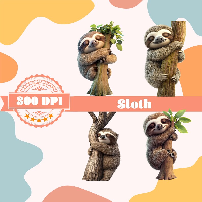Sloth PNG Bundle, Cute Tree Hugging Sloth Clipart, Lazy Animal PNG ...