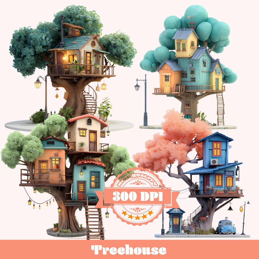 Treehouse PNG Bundle | Cozy Cartoon Tree Houses Clipart for Sublimation ...