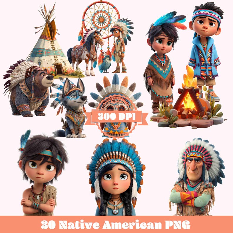 Tribal Kids & Animals Clipart, Native American PNG Bundle (digital ...