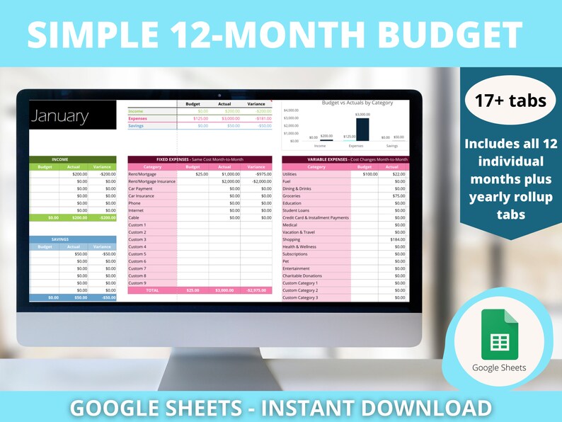 Simple 12 Month Budget Spreadsheet | Google Sheets Budget - Etsy