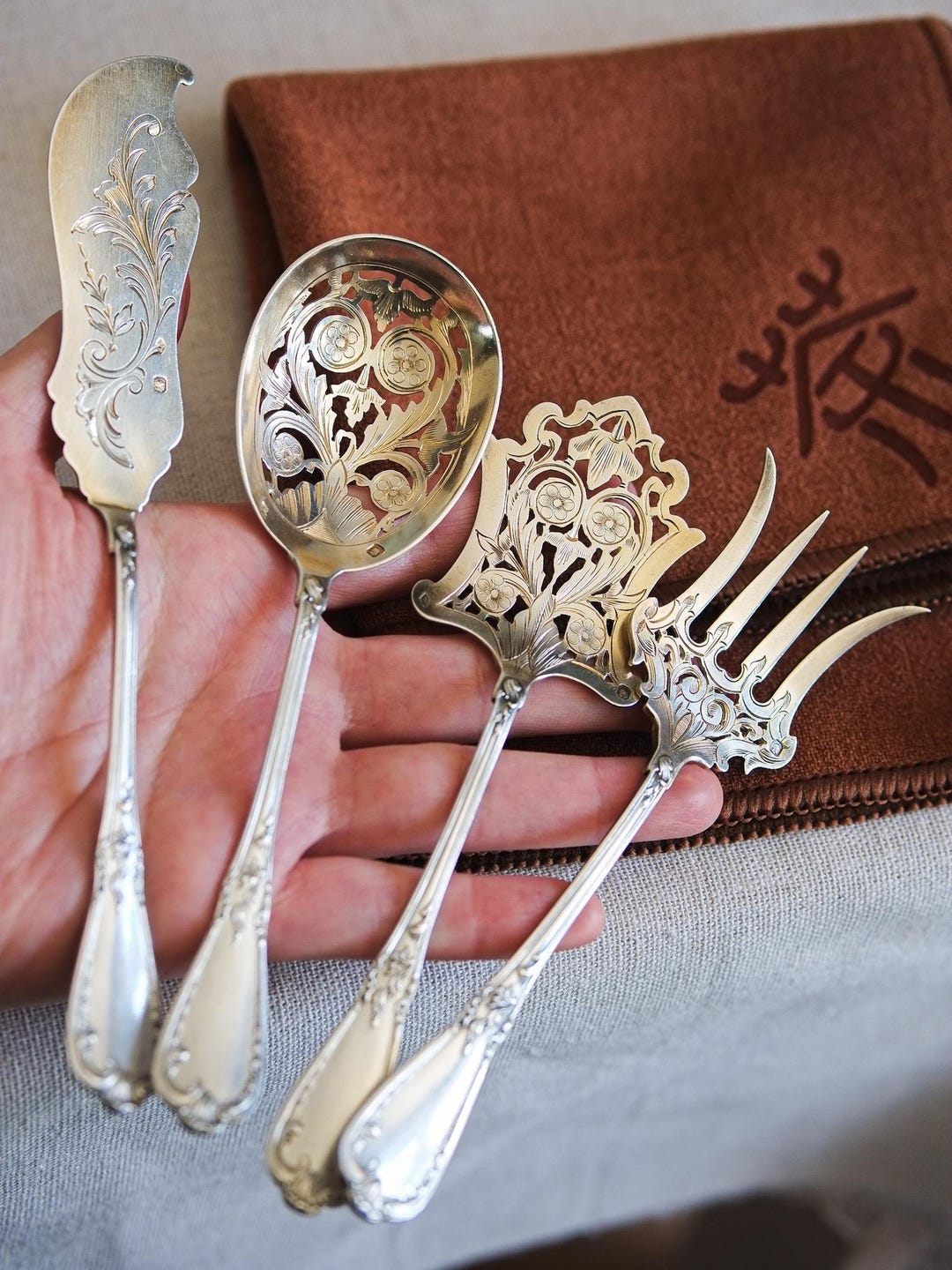 4pc - a Cased Set of French 19th Sterling Silver Hors D'oeuvres Server ...