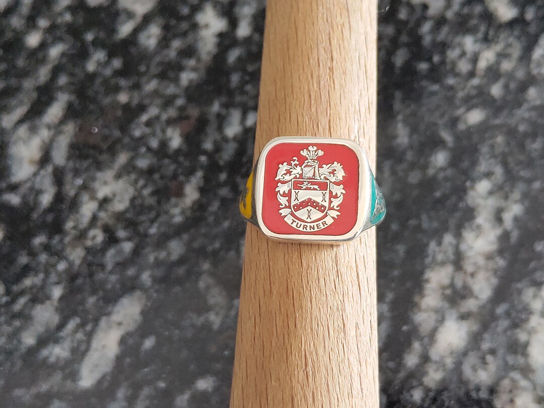 Square Sterling Silver Family Crest Signet Ring, Red Enamel - Etsy